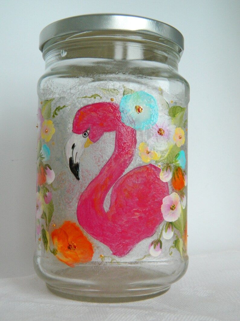 Glass Cookie Jar Hand Painted Jars Pink Flamingo Art Kitchen Canister ...