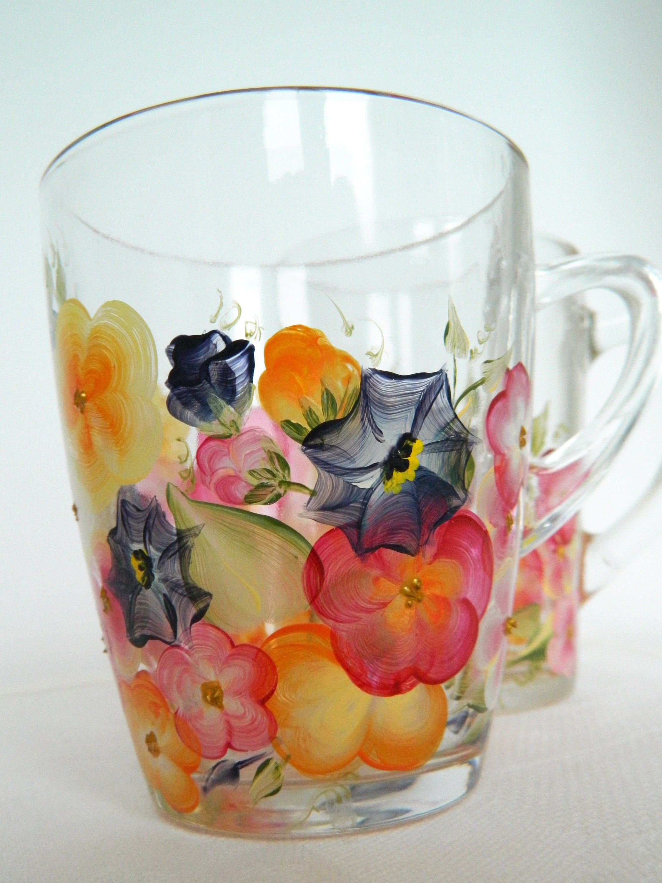 Hand Painted Floral Mug Colorful Glass Coffee Mug Glass Coffee Cup ...