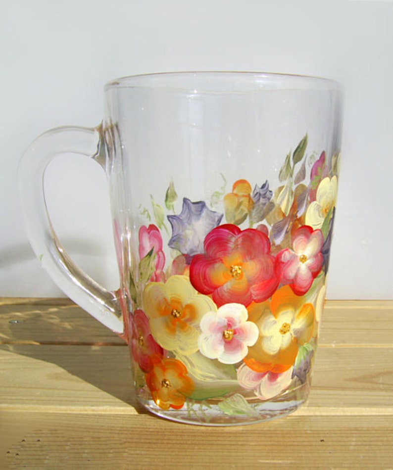 Hand Painted Floral Mug Colorful Glass Coffee Mug Glass Coffee - Etsy