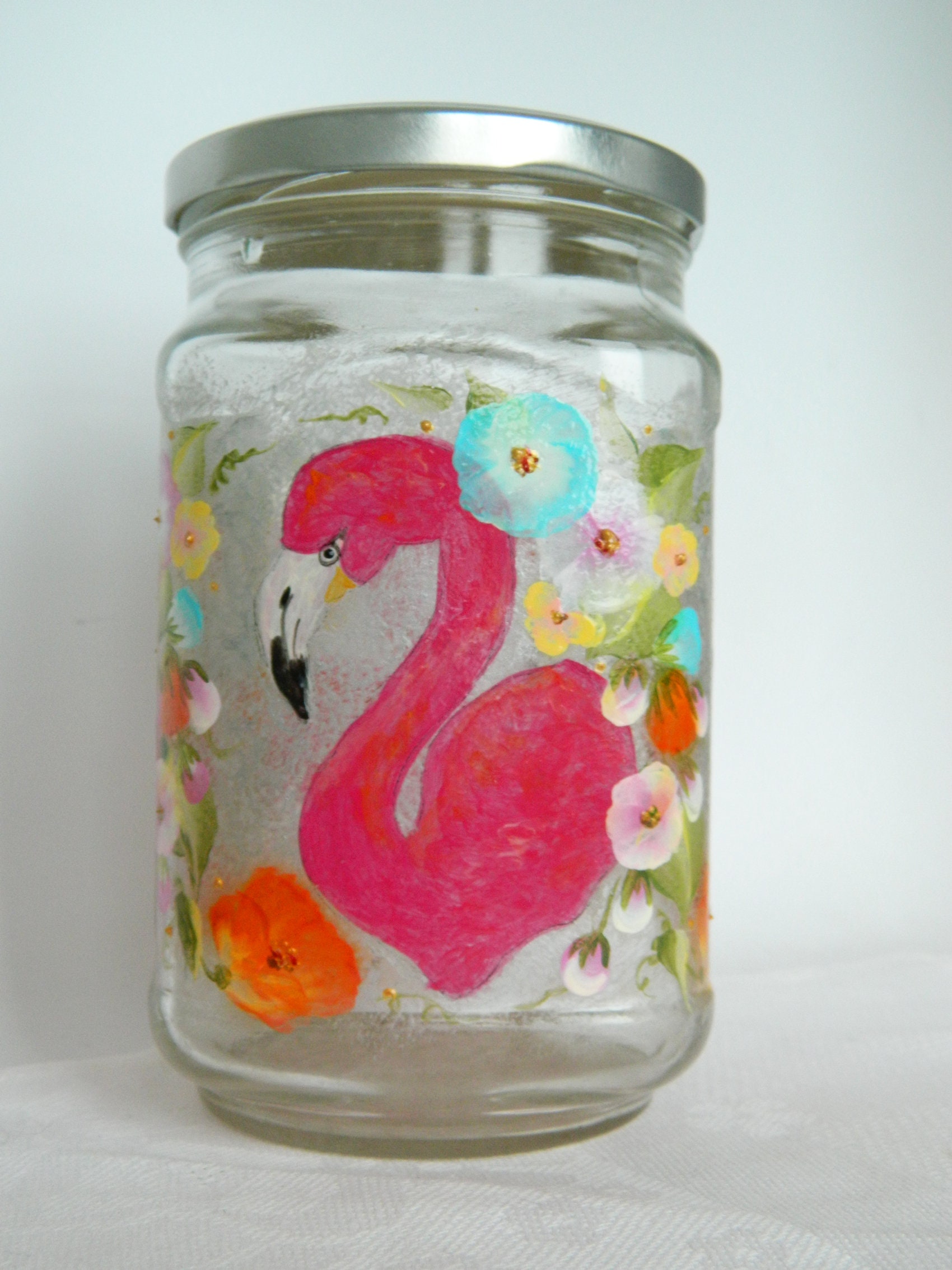 Glass Cookie Jar Hand Painted Jars Pink Flamingo Art Kitchen Canister ...