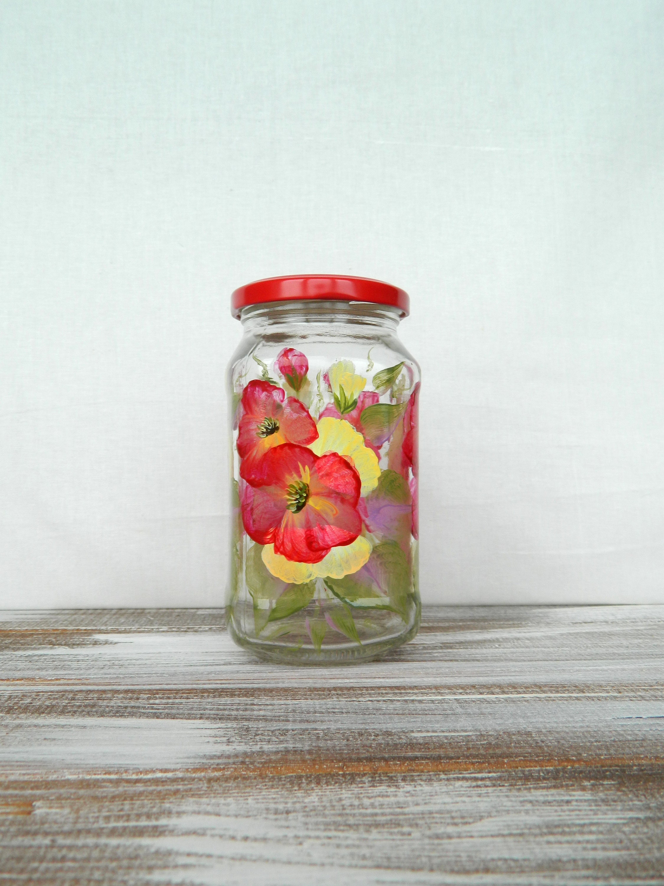 Red Glass Jar & Lid Hand-painted Jar Painted Glass Jars Creative ...