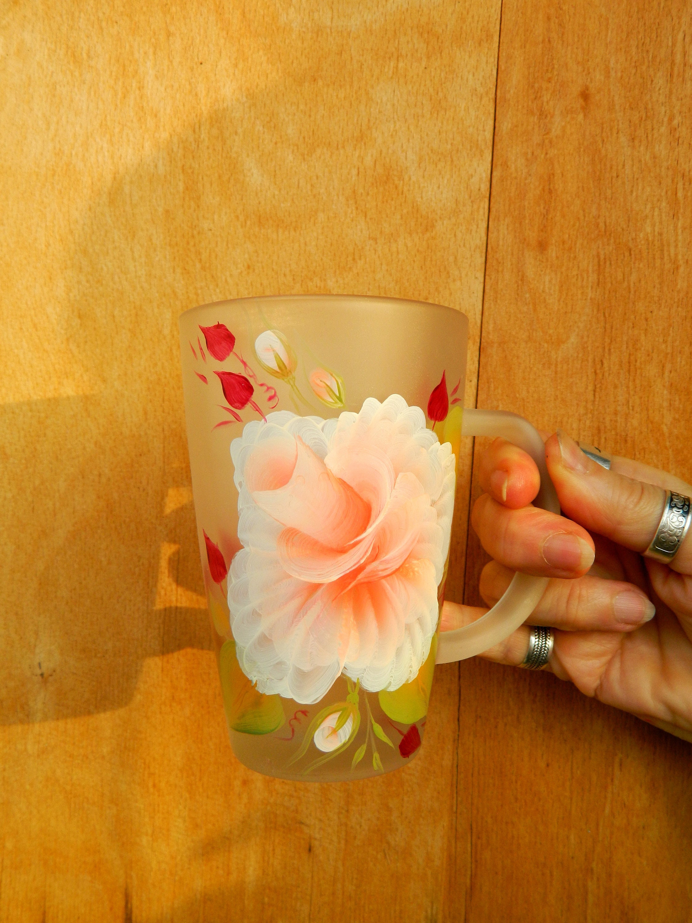 Cafe Mug Rose Coffee Mug Hand Painted Pink Frosted Glass Mug Botanical ...