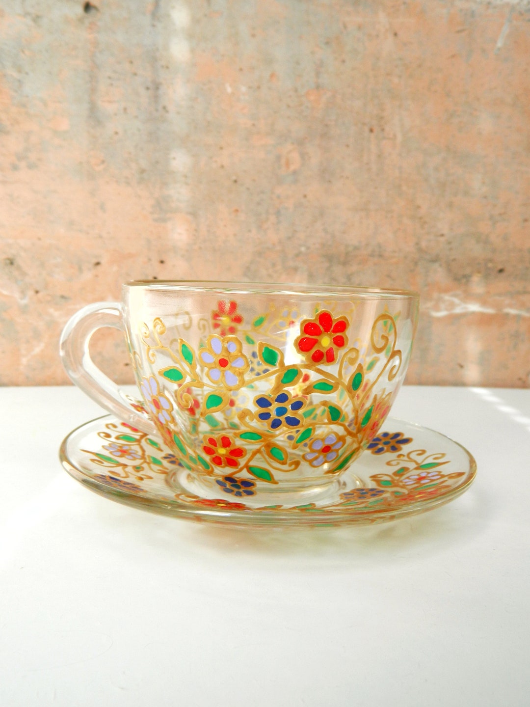 Hand Painted Glass Cup and Saucer Set Colored Glassware - Etsy