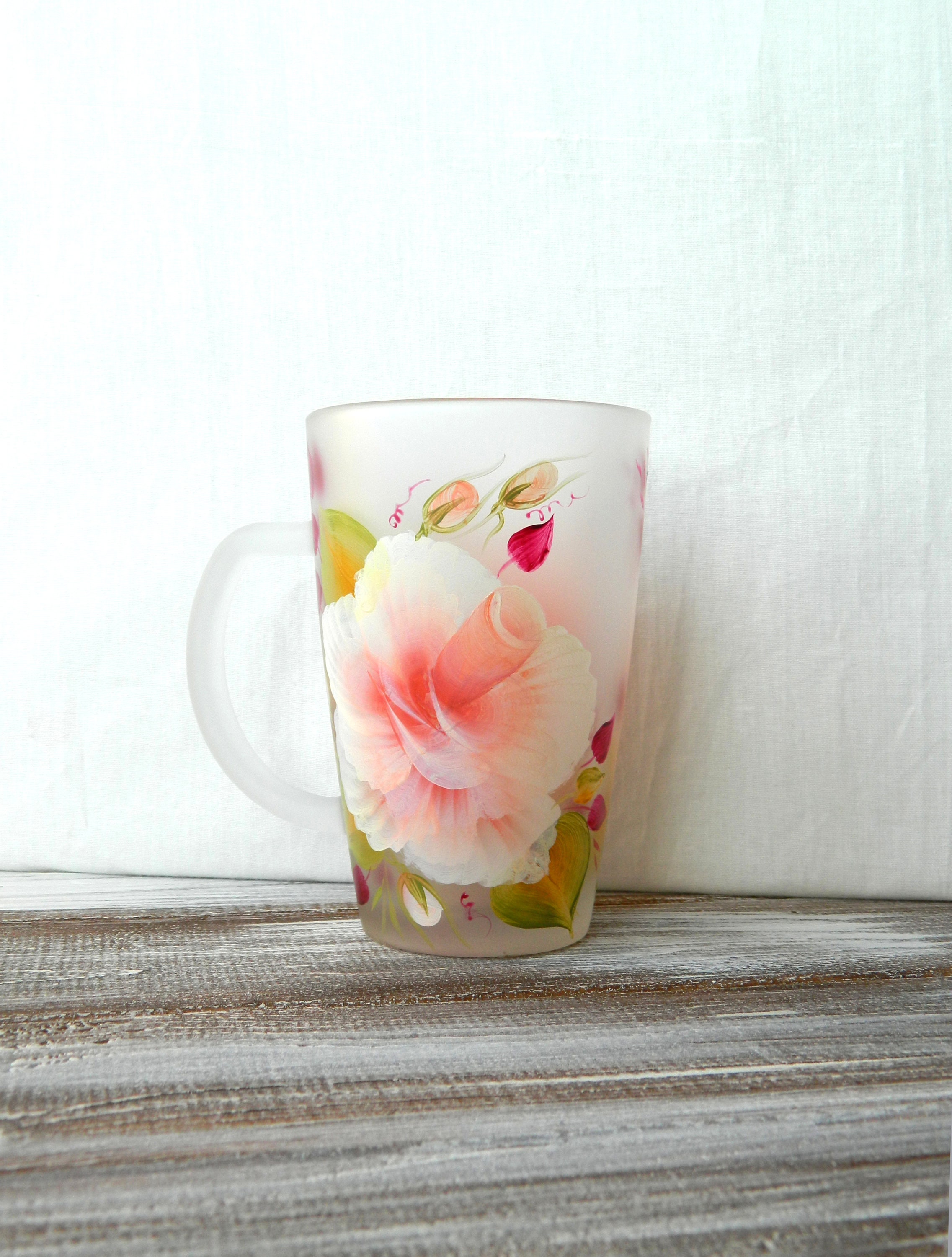 Cafe Mug Rose Coffee Mug Hand Painted Pink Frosted Glass Mug Botanical ...