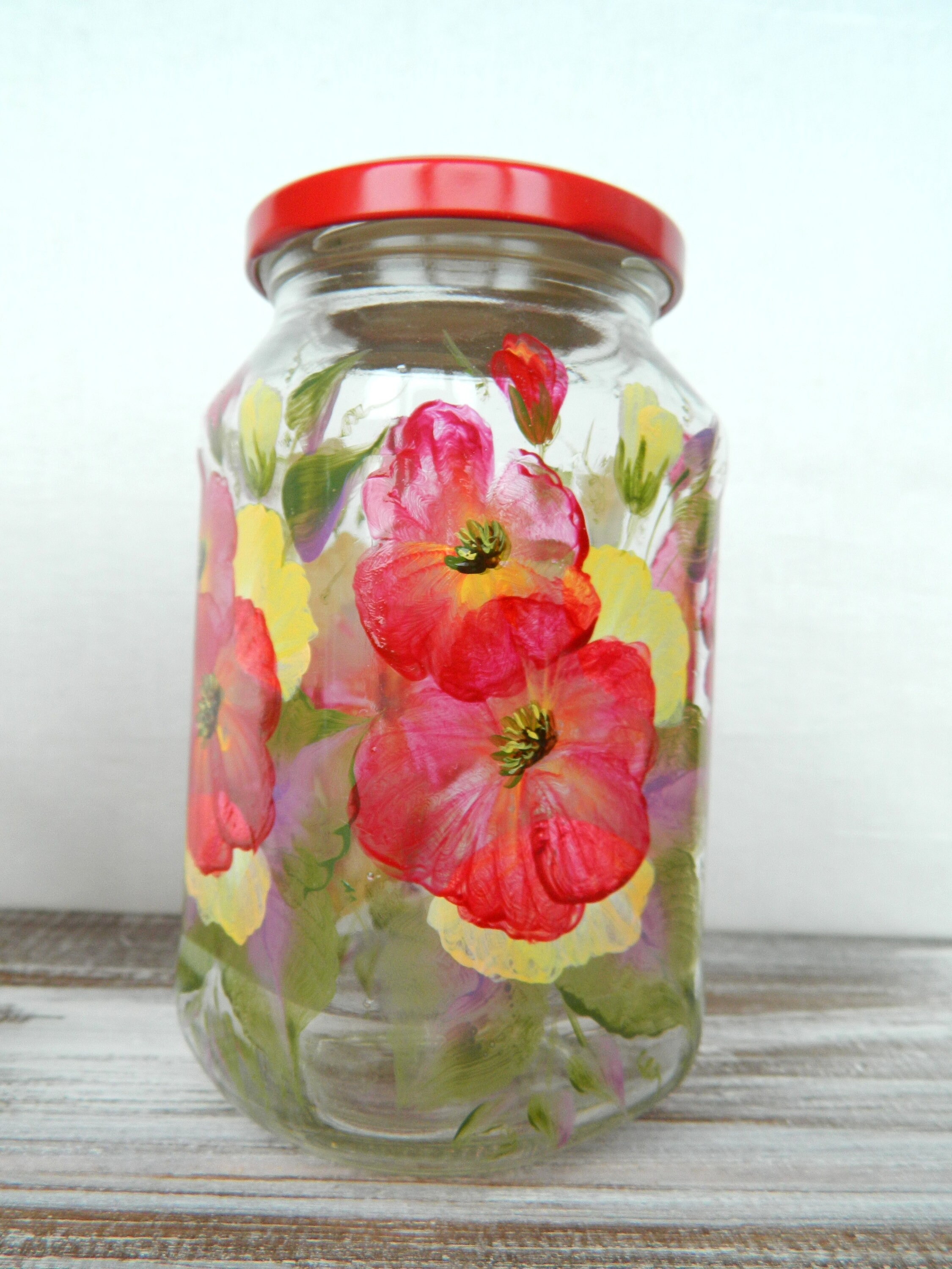 Red Glass Jar & Lid Hand-painted Jar Painted Glass Jars Creative ...