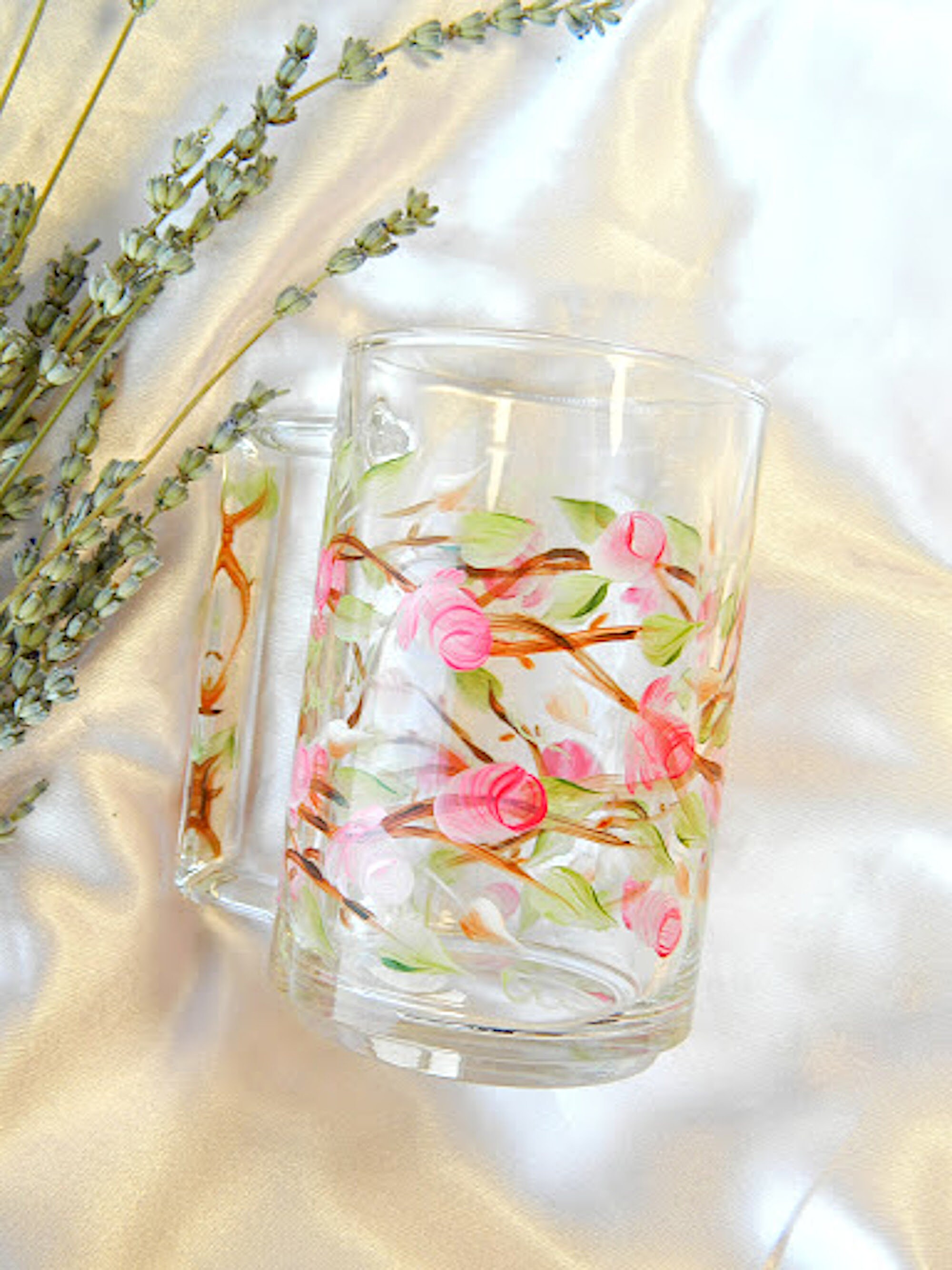 Pink Rose Hand Painted Flower Glass Mug Birthday Glassware Colorful ...