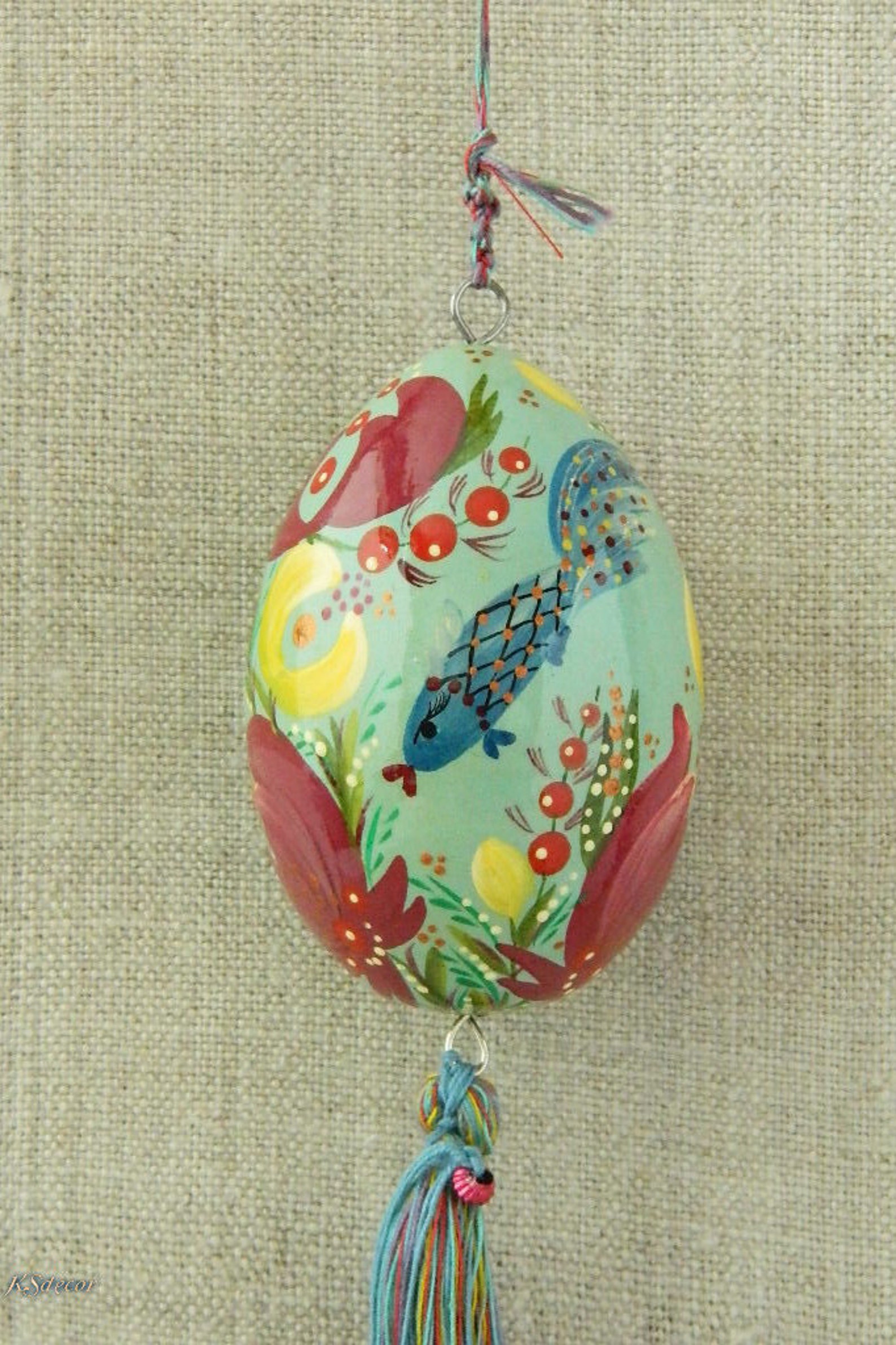 Hand Painted Egg Blue Easter Decorated Egg Navy Blue Fish Design Wooden ...