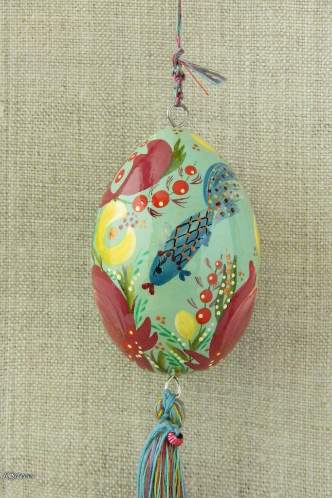 Hand Painted Egg Blue Easter Decorated Egg Navy Blue Fish Design Wooden ...