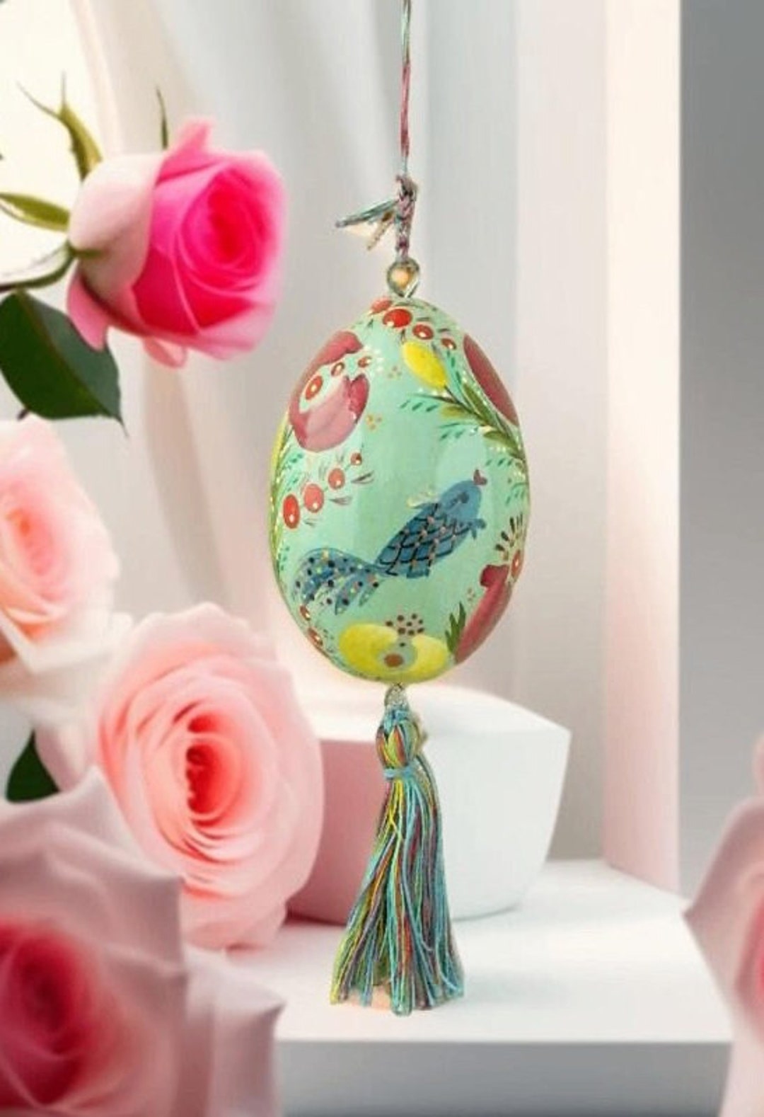 Hand Painted Egg Blue Easter Decorated Egg Navy Blue Fish Design Wooden ...