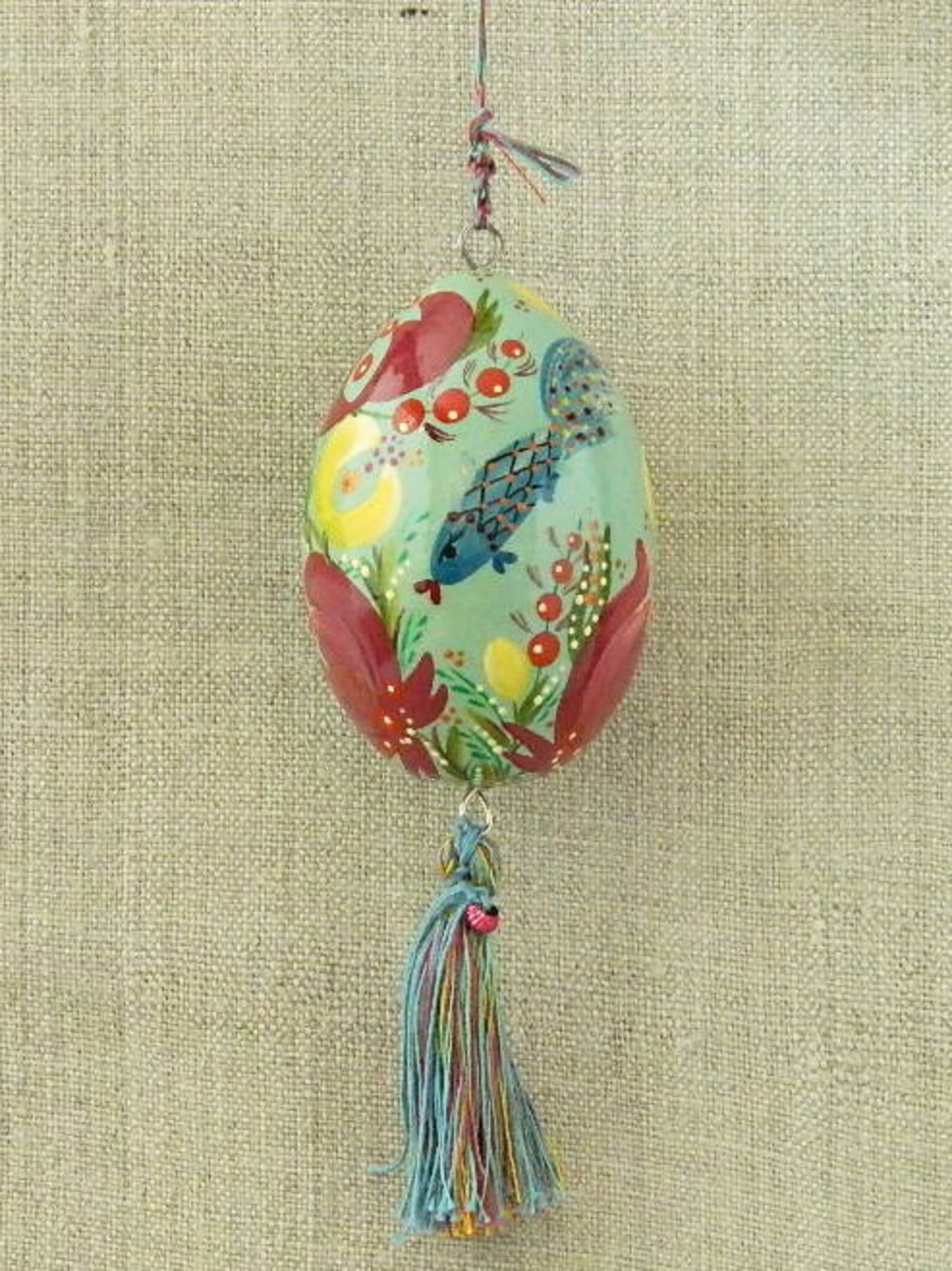 Hand Painted Egg Blue Easter Decorated Egg Navy Blue Fish Design Wooden ...