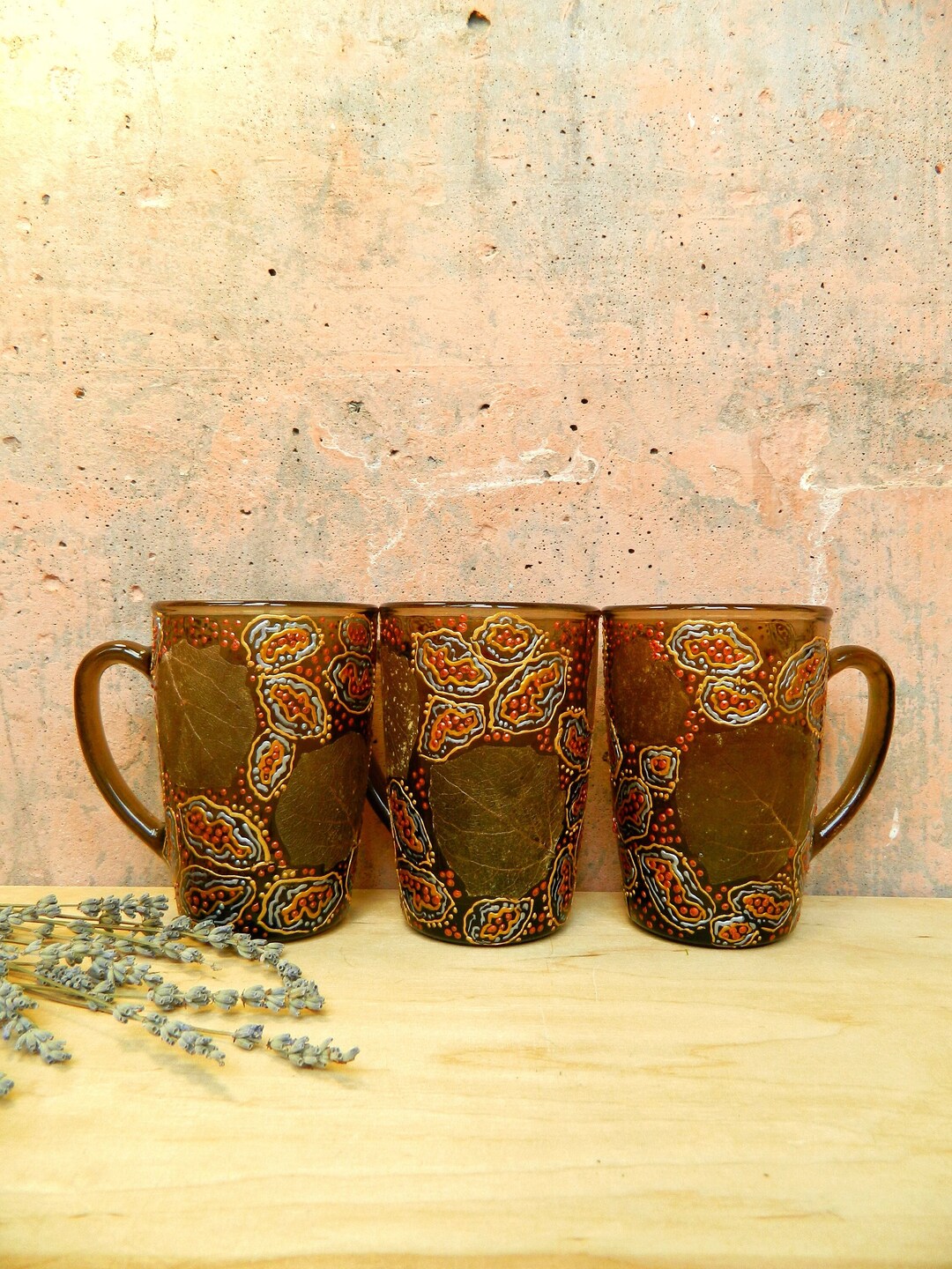 Brown Glass Mugs Set of 3 Floral Mugs Handmade Nature Lover Gift With ...