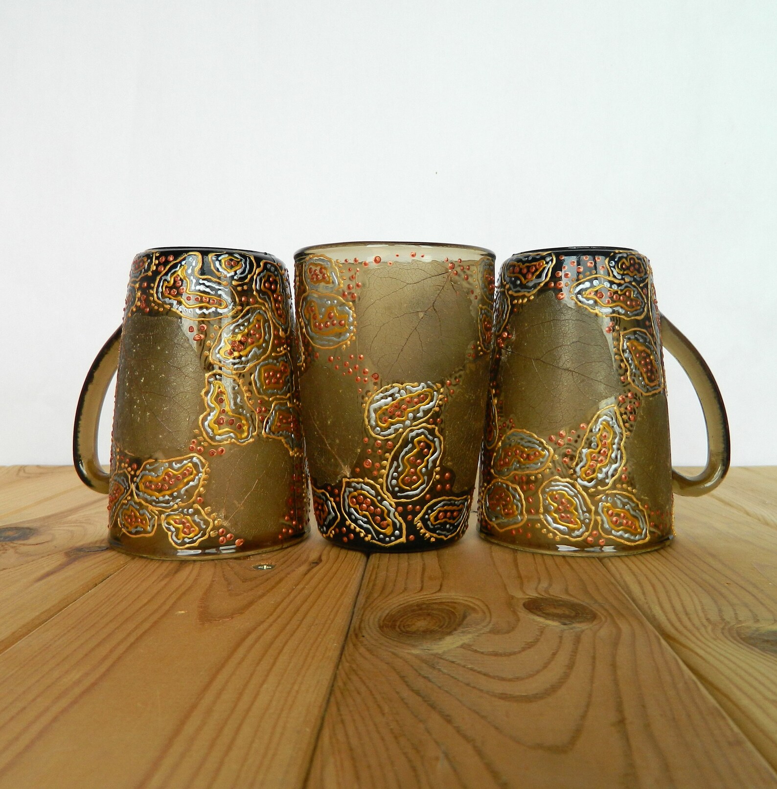 Brown Glass Mugs Set of 3 Floral Mugs Handmade Nature Lover Gift With ...