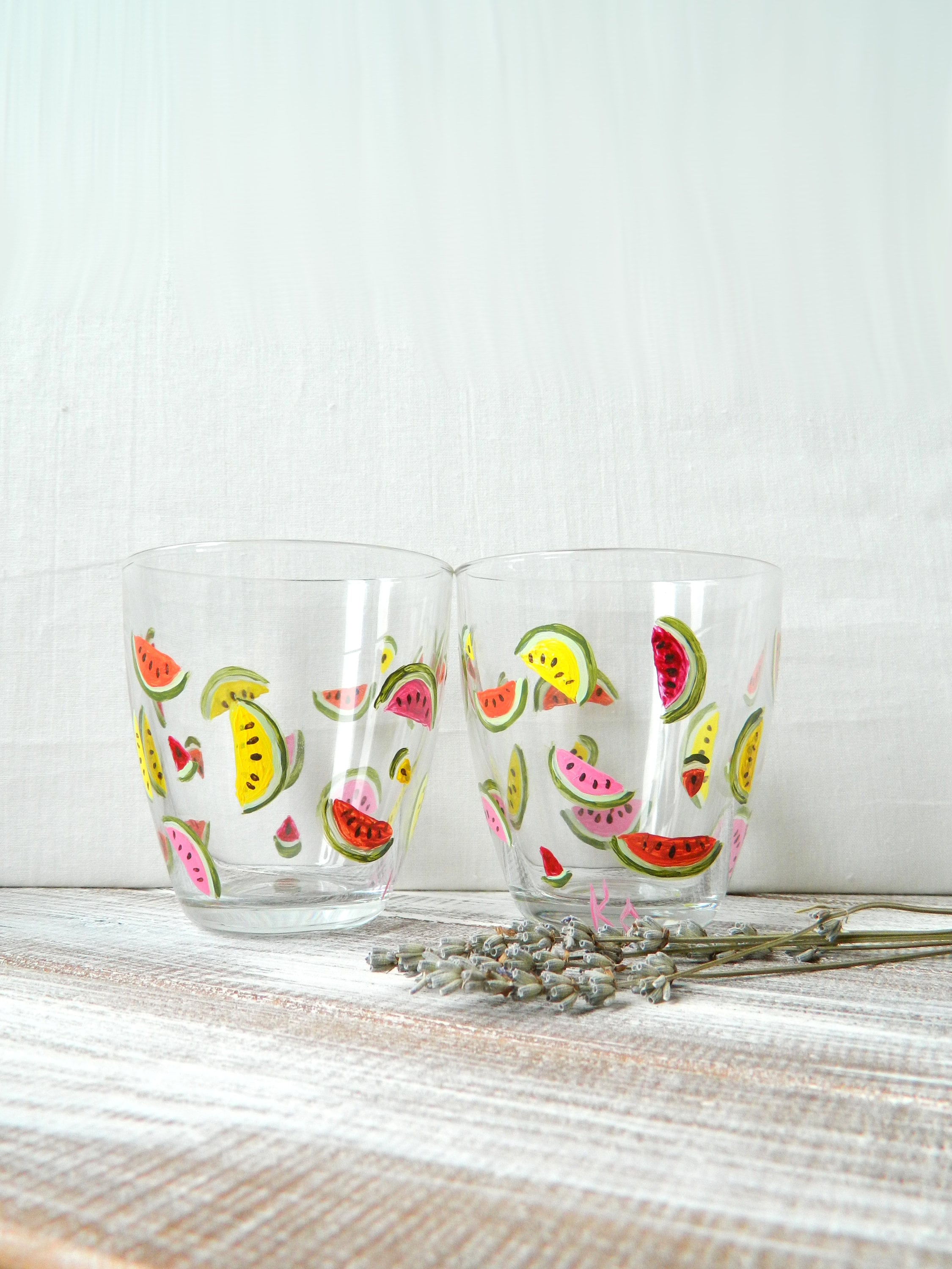 Watermelon Slices Glasses Hand Painted Wine Glasses Beverage Rainbow ...
