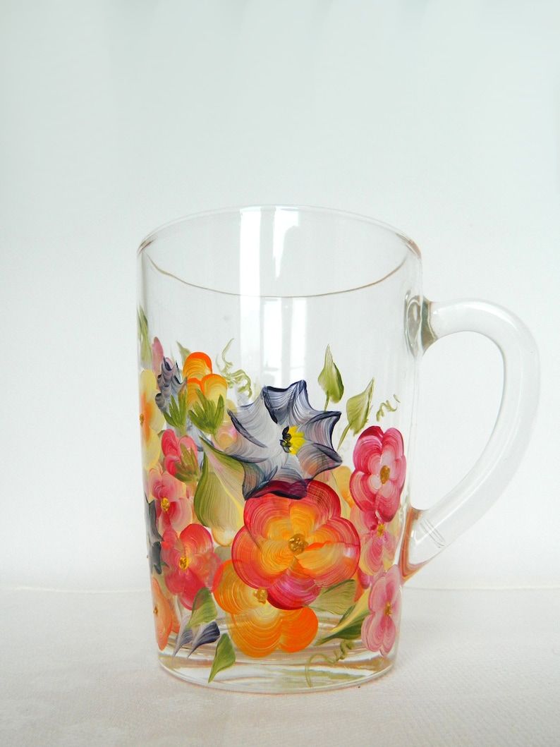 Hand Painted Floral Mug Colorful Glass Coffee Mug Glass Coffee - Etsy