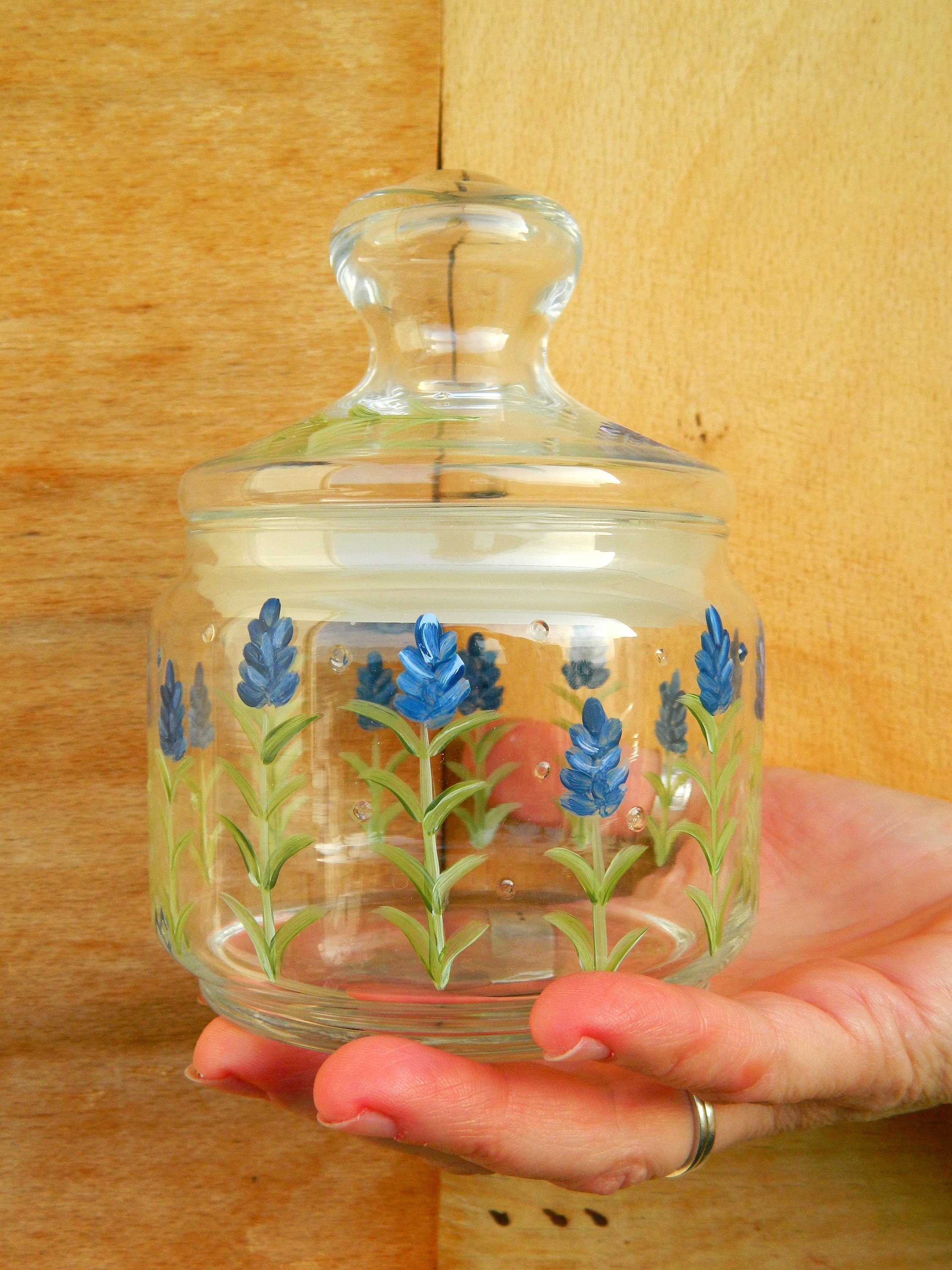 Painted Glass Cookie Jar - Blue Candy Jar - Hand Painted Glass Jar With ...