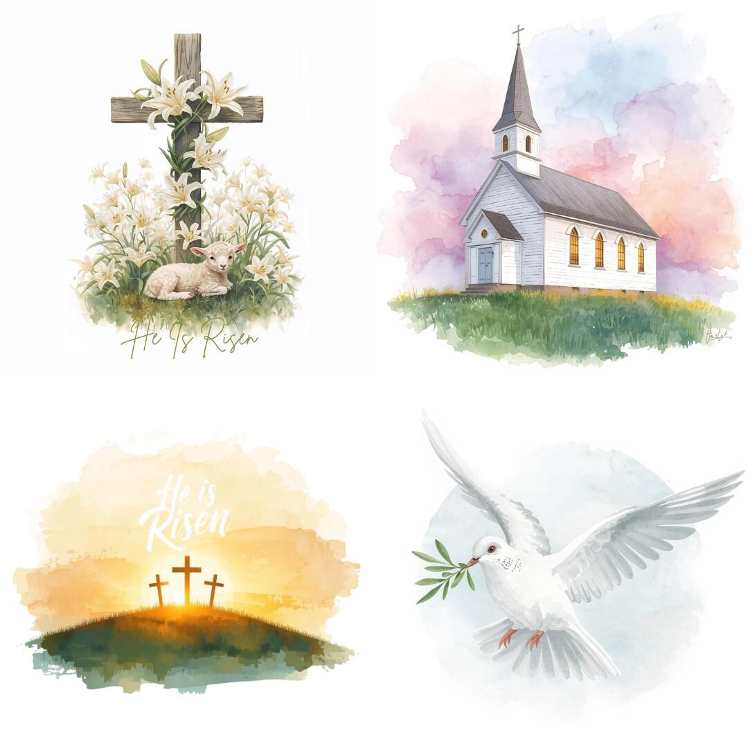 Christian Easter Watercolor Clip Art Bundle, Cross, Dove, Church (PNG ...