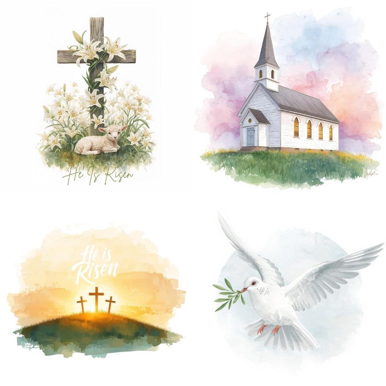 Christian Easter Watercolor Clip Art Bundle, Cross, Dove, Church (PNG ...