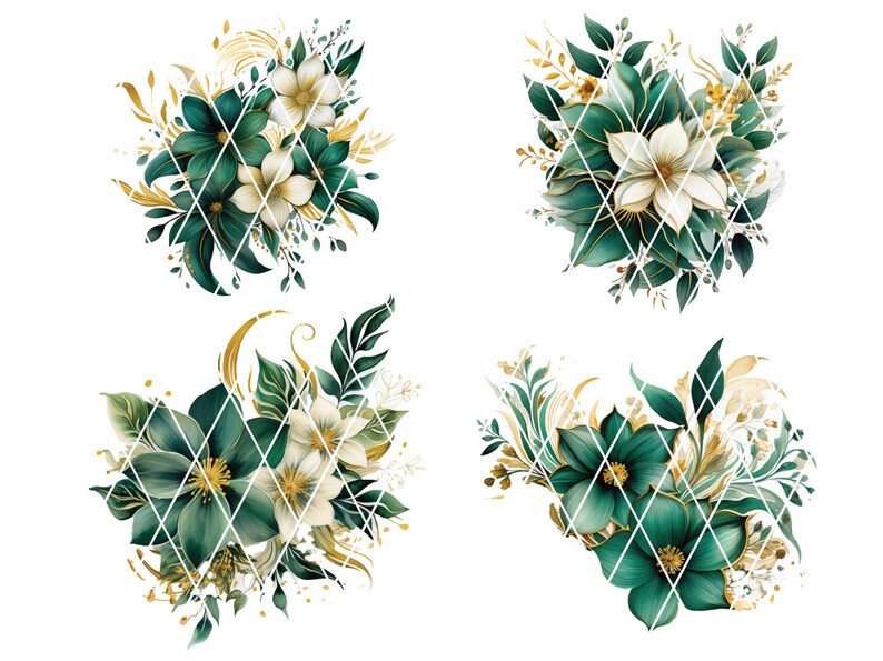 Emerald Green and Gold Floral Elements Watercolor PNG Clipart ...