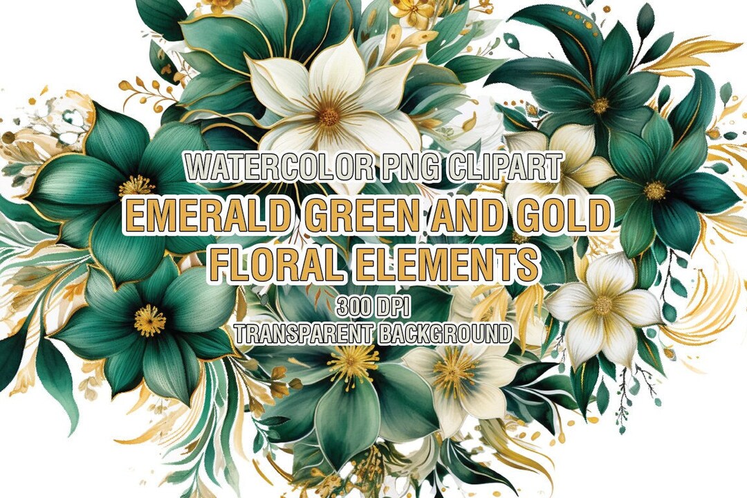 Emerald Green and Gold Floral Elements Watercolor PNG Clipart ...