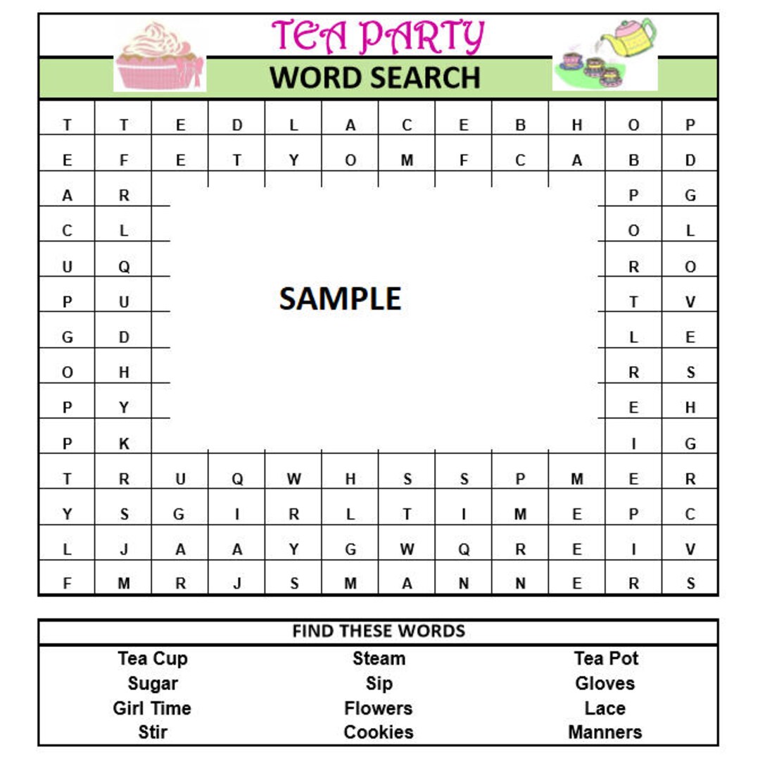 TEA PARTY Word Search Game- Very Fun and Easy to Play. Celebrate Girl ...