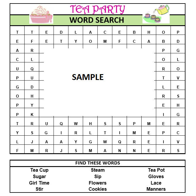 TEA PARTY Word Search Game- Very Fun and Easy to Play. Celebrate Girl ...