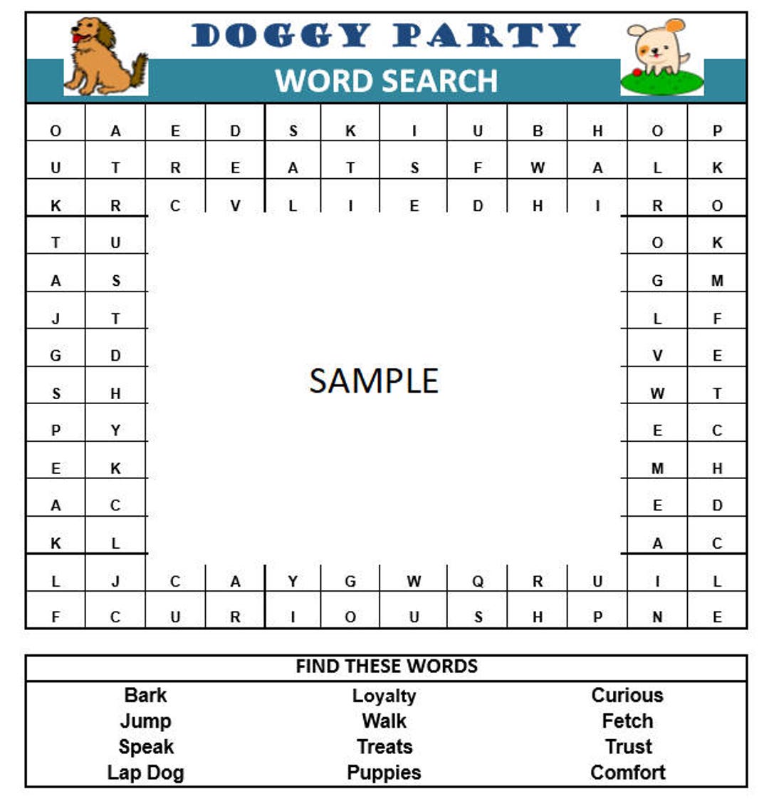 DOGGY PARTY Word Search Game- Very Fun and Easy to Play. Celebrate Your ...