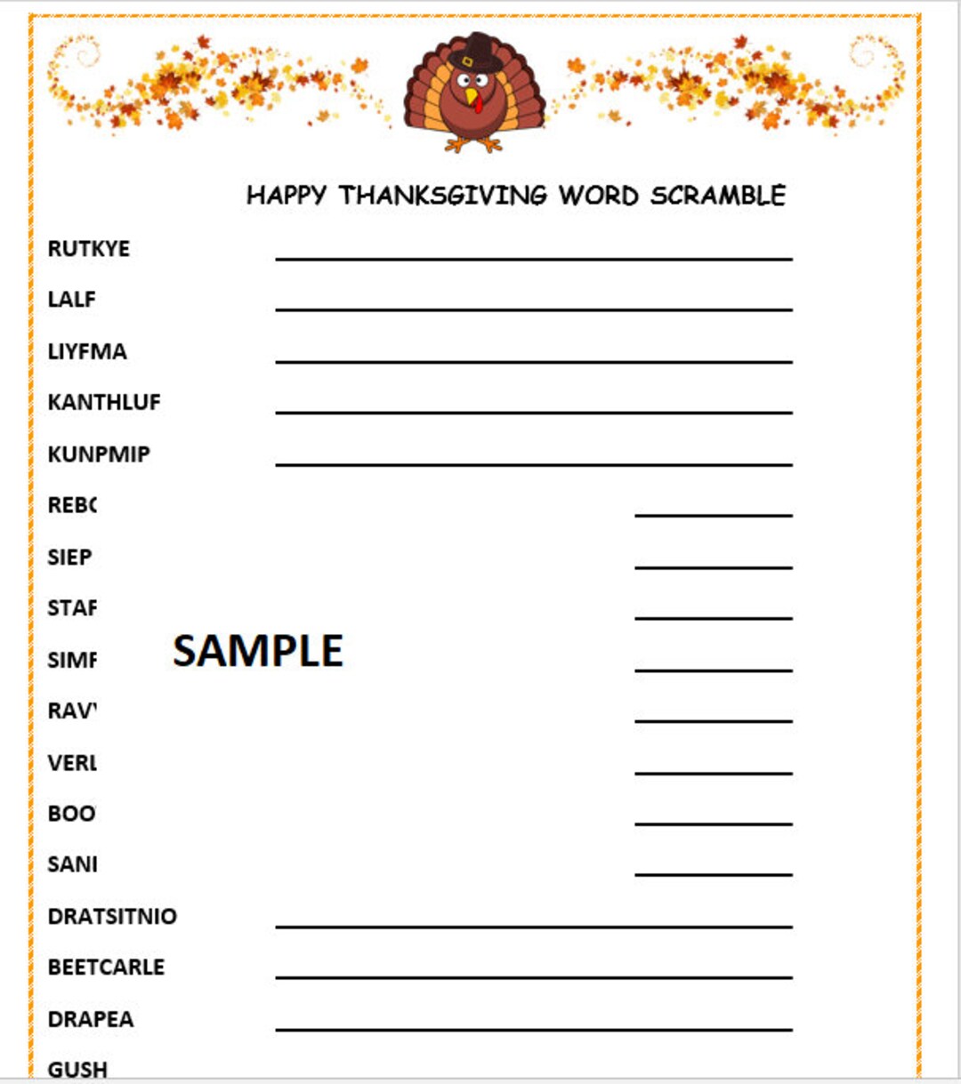 THANKSGIVING Party Word Game- Very Fun for All Ages . Print as Many as ...