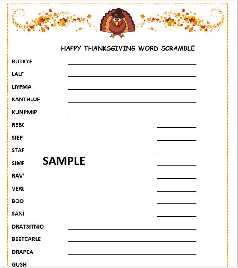 THANKSGIVING Party Word Game- Very Fun for All Ages . Print as Many as ...