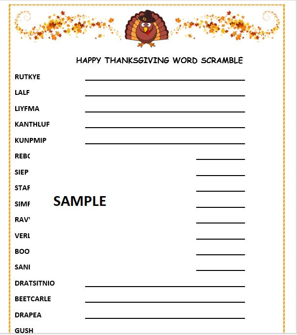 THANKSGIVING Party Word Game- Very Fun for All Ages . Print as Many as ...