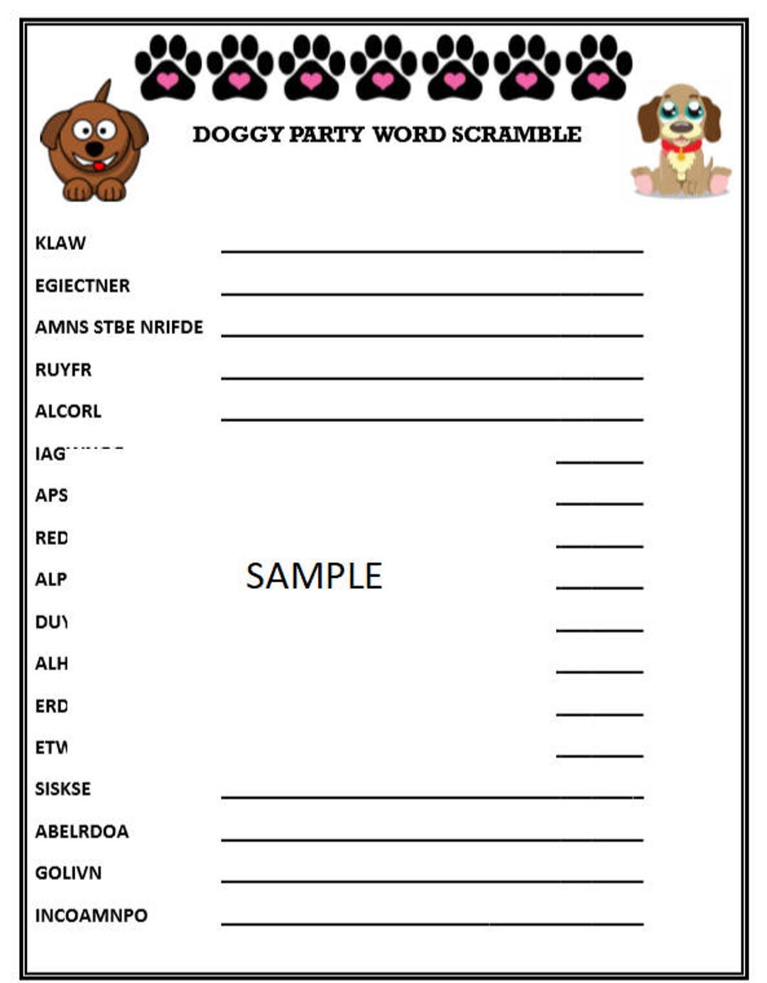 DOGGY PUPPY Party Word Game - Very Fun and Easy to Play. Cute Dog Theme ...