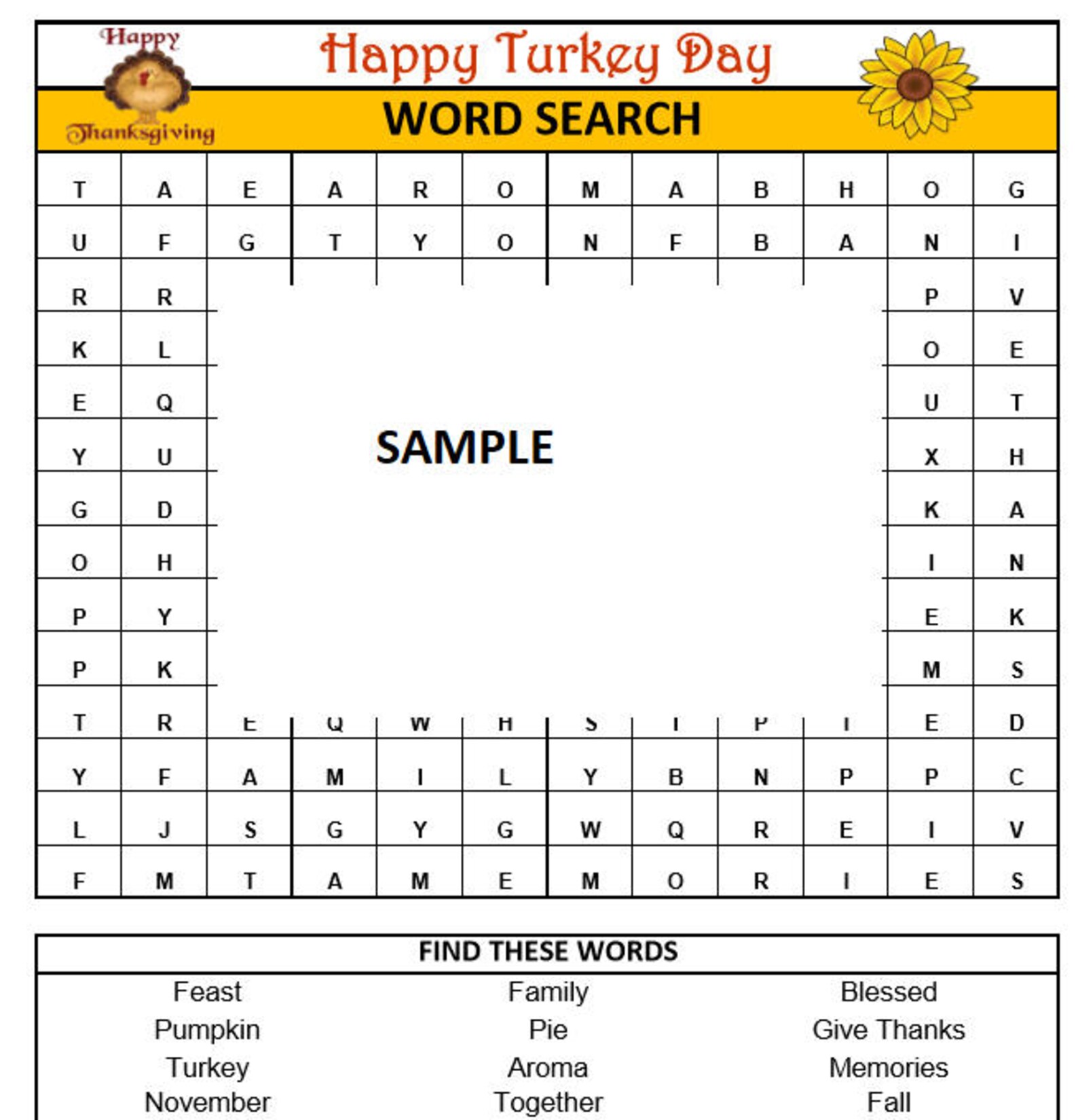 THANKSGIVING Word Search Game fun Thanksgiving Activity. Print and Play ...