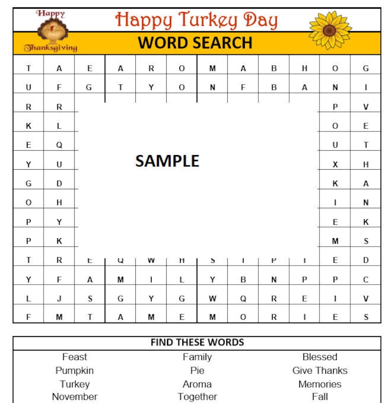 THANKSGIVING Word Search Game fun Thanksgiving Activity. Print and Play ...