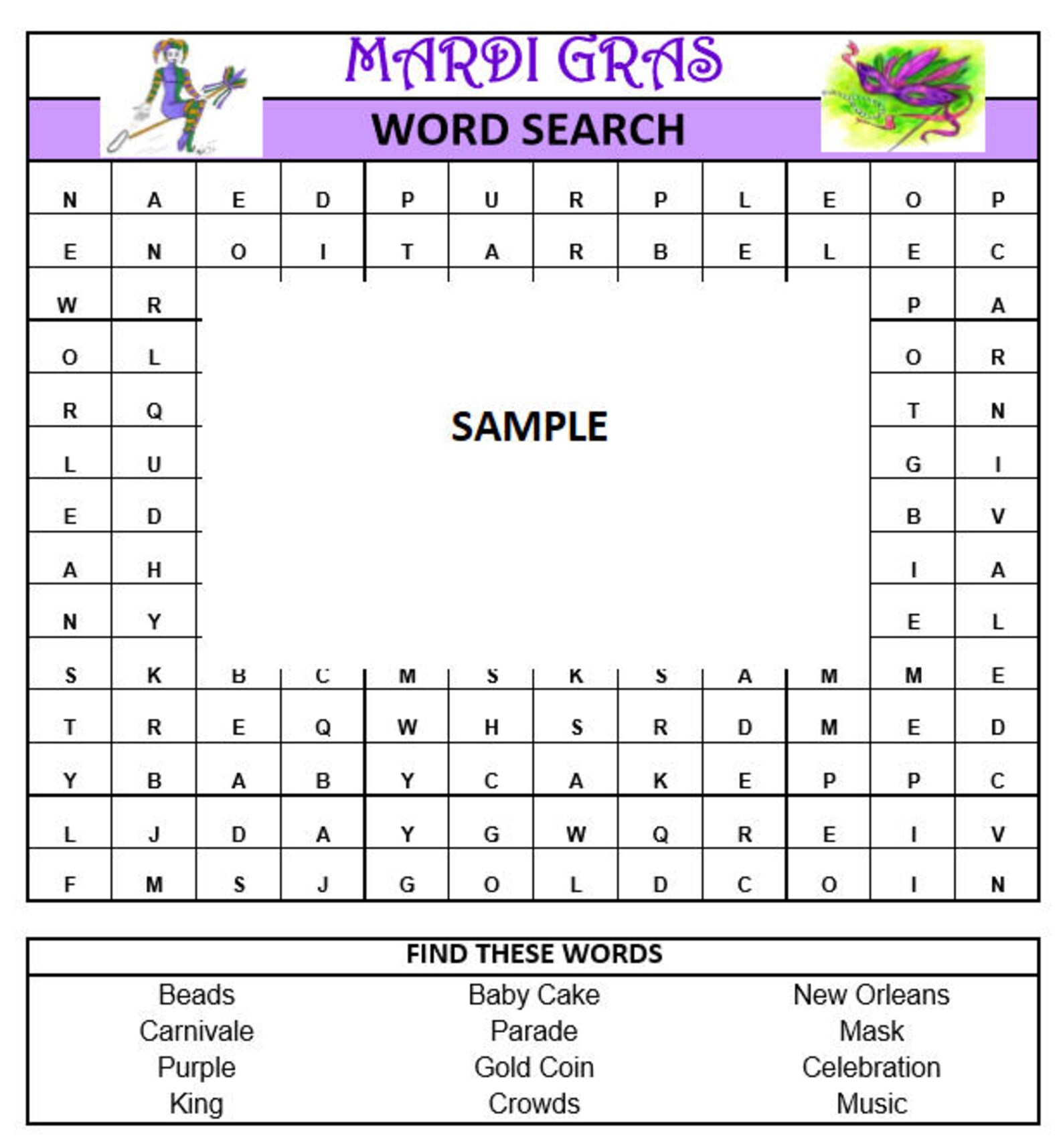 MARDI GRAS PARTY Word Search Game -fun Way to Celebrate the Spirit of ...