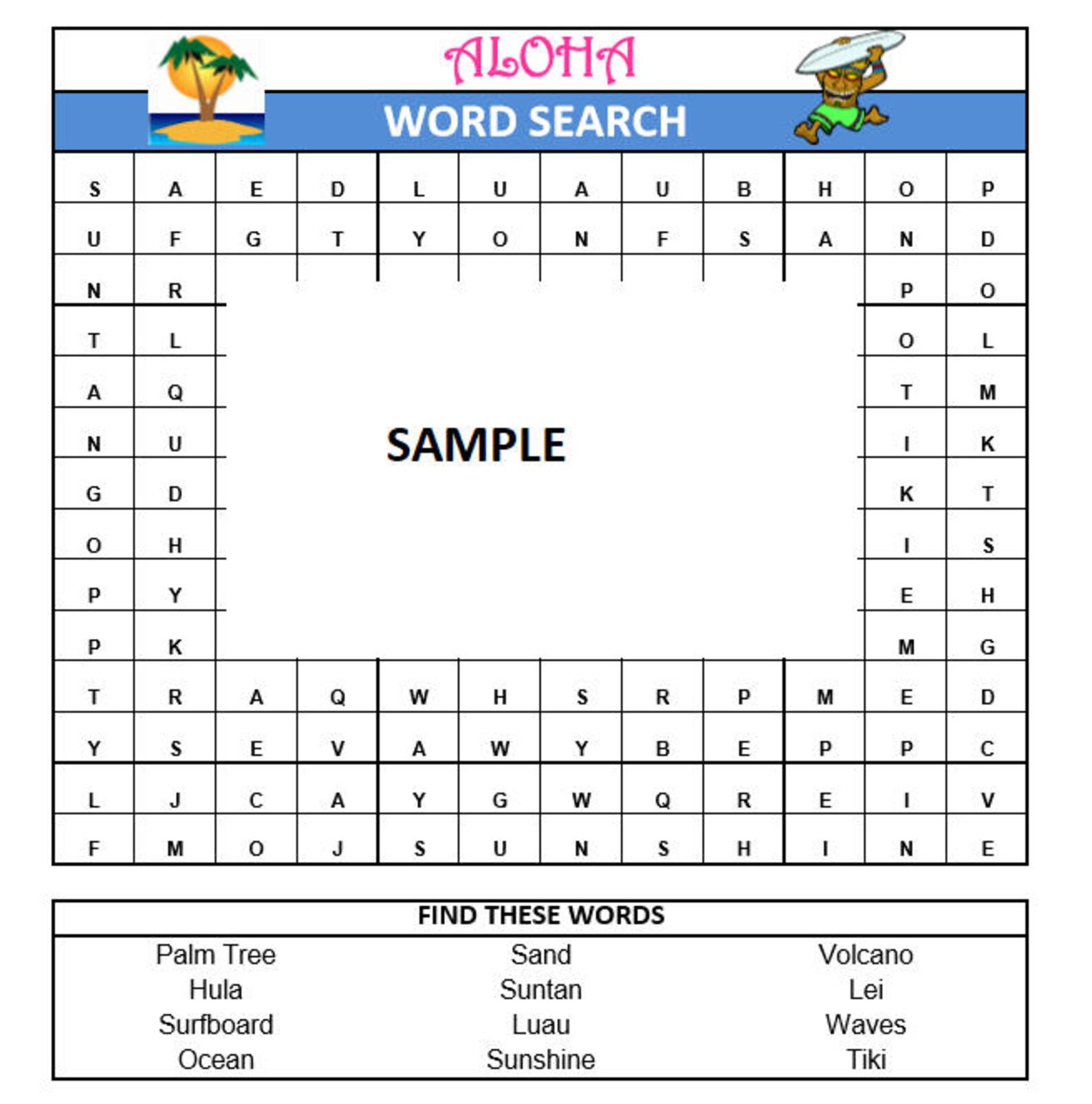 LUAU HAWAIIAN Party Word Search Game - Very Fun and Easy to Play. Cute ...