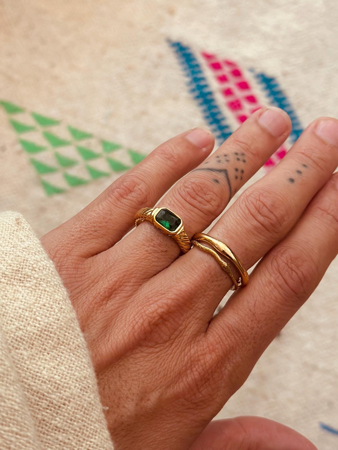 Emerald Green 18K Gold Gemstone Ring, Tarnish Resistant Plated Gemstone ...