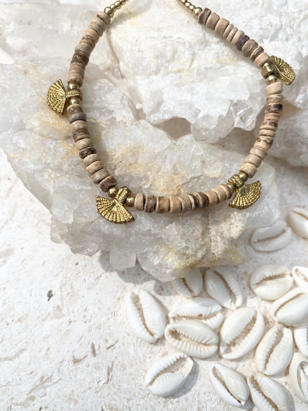 ISLA Anklet, Coconut Bead Wooden Seed Bead, Gold Charm Anklet, Dainty ...