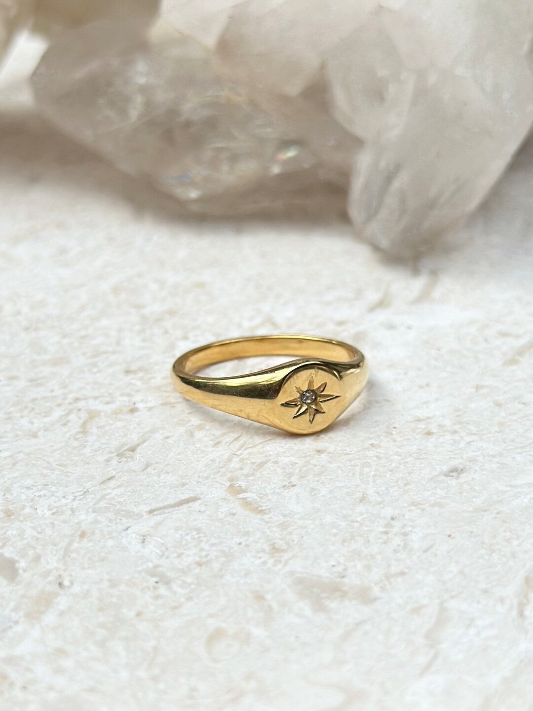 Northern Star 18K Gold Signet Ring, Tarnish Resistant Plated Star Ring ...