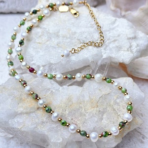 Mia 18K Gold Beaded Pearl Ruby and Zoisite Necklace, Adjustable Gemstone Necklace, Handmade ...
