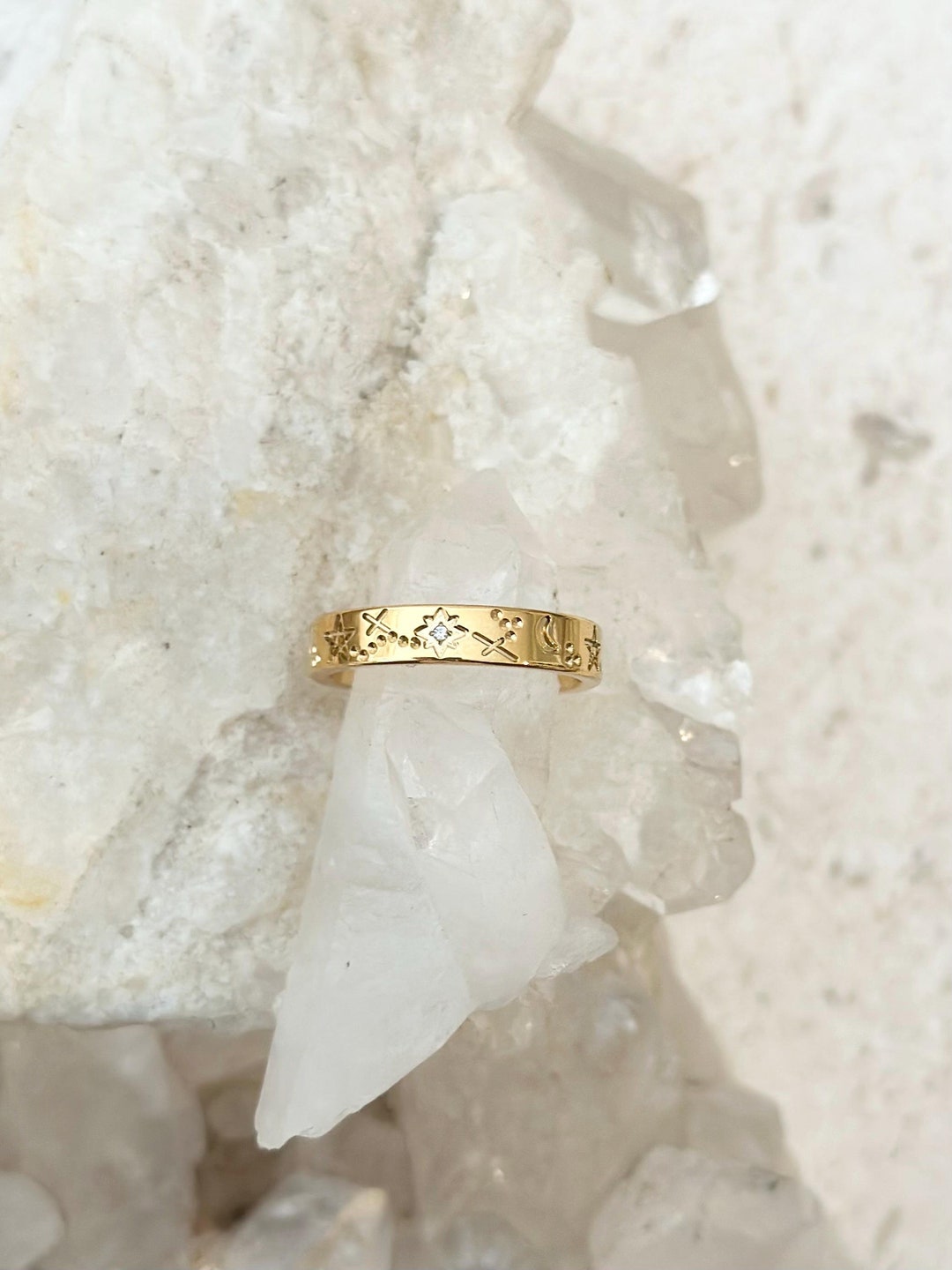 CELESTIAL Star and Moon 18K Gold Gemstone Ring, Tarnish Resistant ...