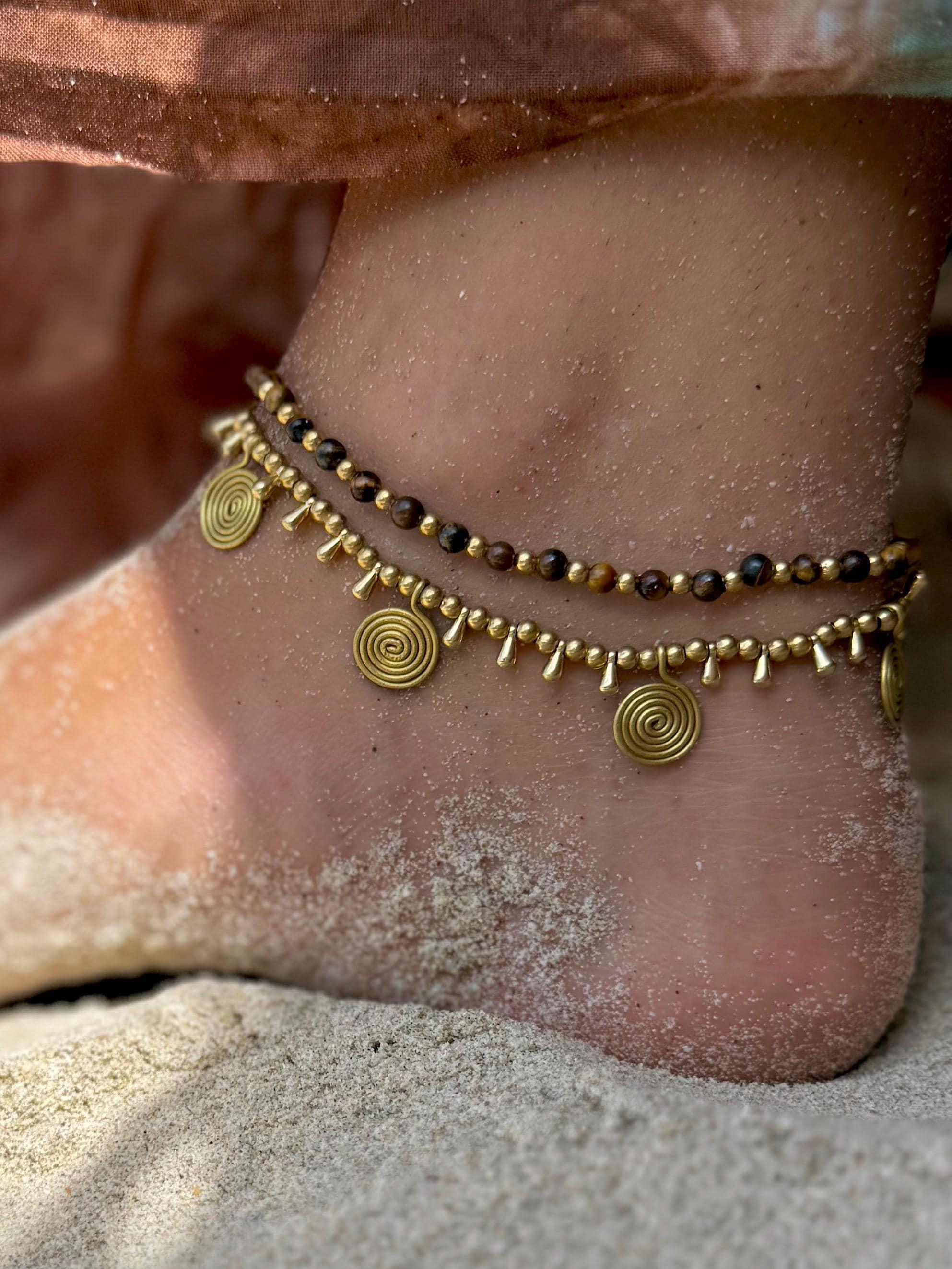 Natural Tigers Eye Spiral Charm Beaded Anklet, Gold Anklet, Boho Anklet ...