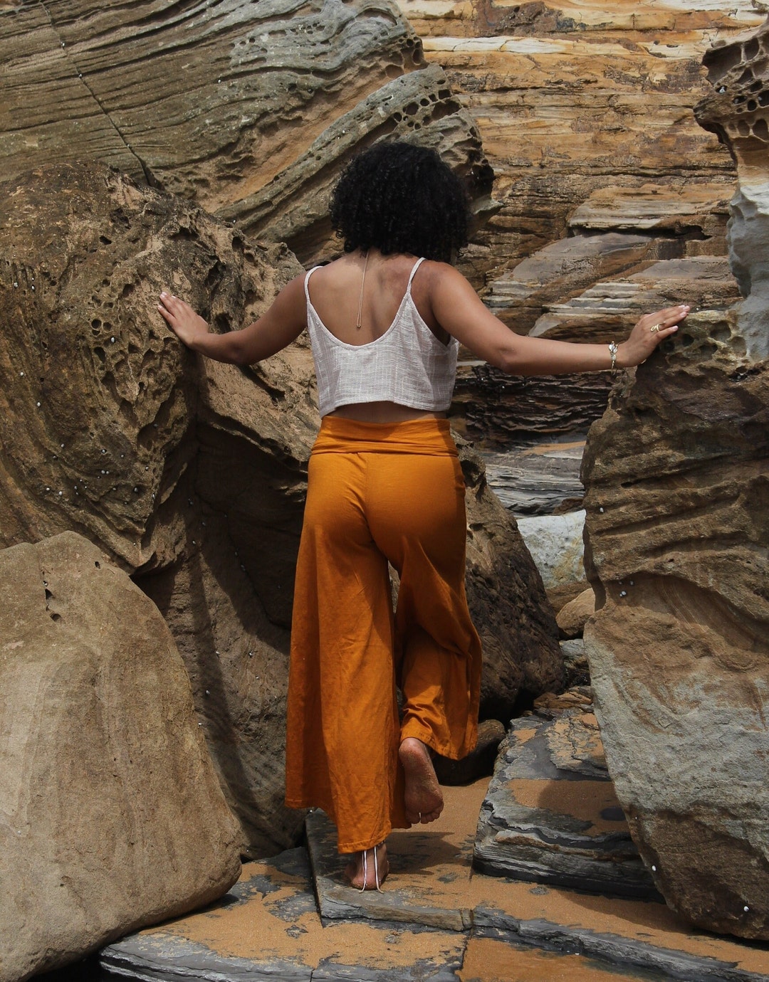 AJNA Stretchy Flow Pants in Turmeric, Wide Leg Flare Yoga Pants ...