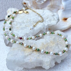 Mia 18K Gold Beaded Pearl Ruby and Zoisite Necklace, Adjustable Gemstone Necklace, Handmade ...
