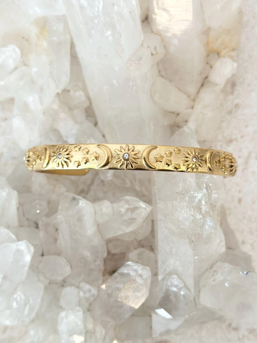 Cosmic Sun and Moon Gold Bangle, 18K Gold Tarnish-resistant Star Bangle ...