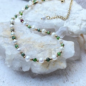 Mia 18K Gold Beaded Pearl Ruby and Zoisite Necklace, Adjustable Gemstone Necklace, Handmade ...