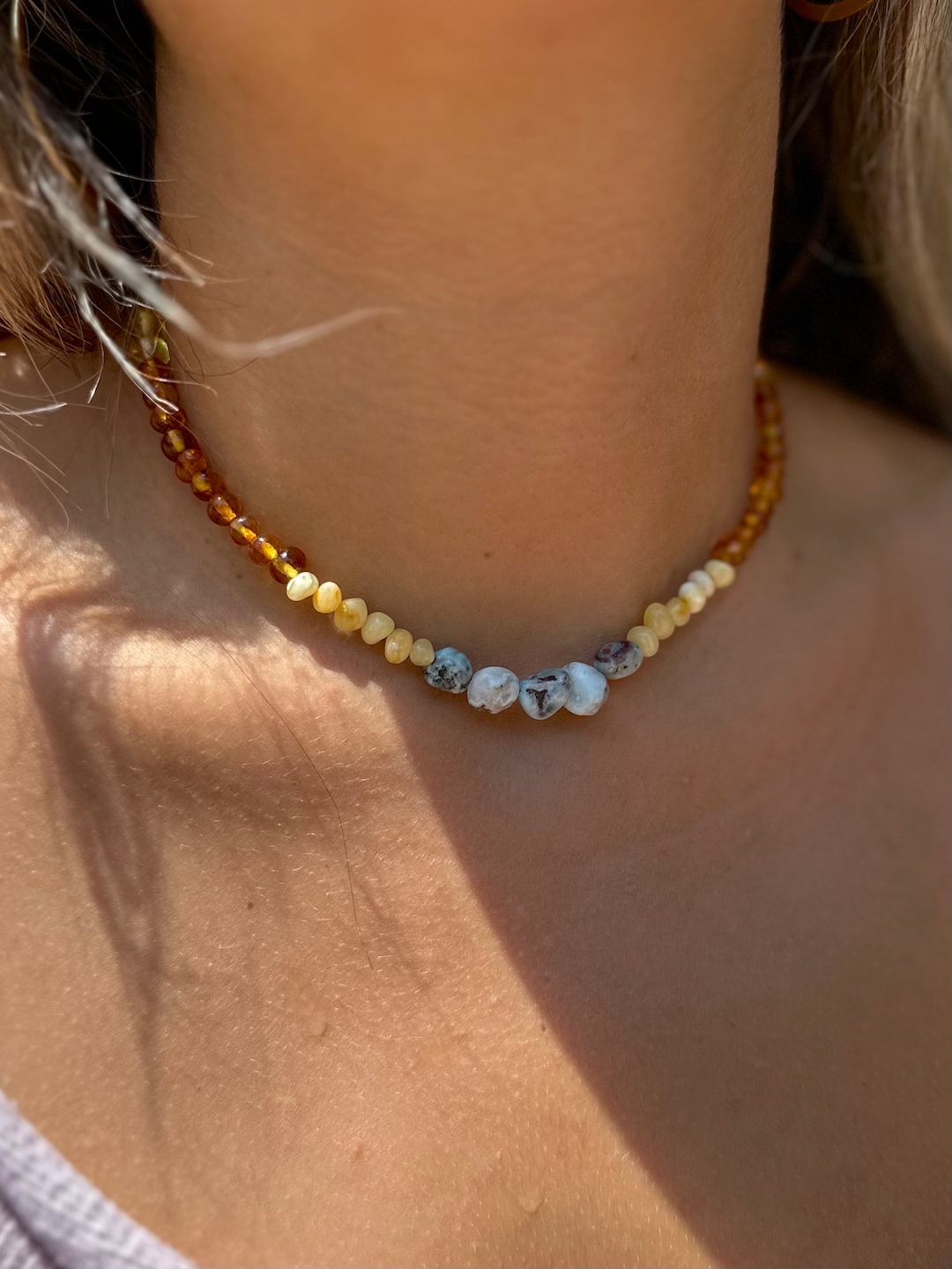 Solar Eclipse Larimar and Rainbow Natural Gemstone Beaded Necklace ...