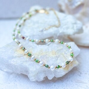 Mia 18K Gold Beaded Pearl Ruby and Zoisite Necklace, Adjustable Gemstone Necklace, Handmade ...