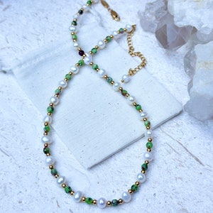 Mia 18K Gold Beaded Pearl Ruby and Zoisite Necklace, Adjustable Gemstone Necklace, Handmade ...