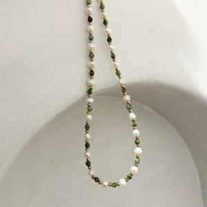 Mia 18K Gold Beaded Pearl Ruby and Zoisite Necklace, Adjustable Gemstone Necklace, Handmade ...