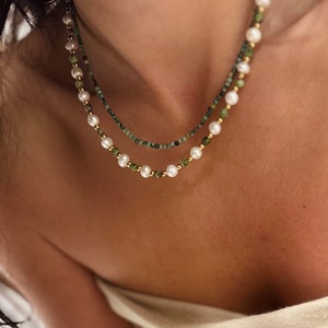 Mia 18K Gold Beaded Pearl Ruby and Zoisite Necklace, Adjustable Gemstone Necklace, Handmade ...