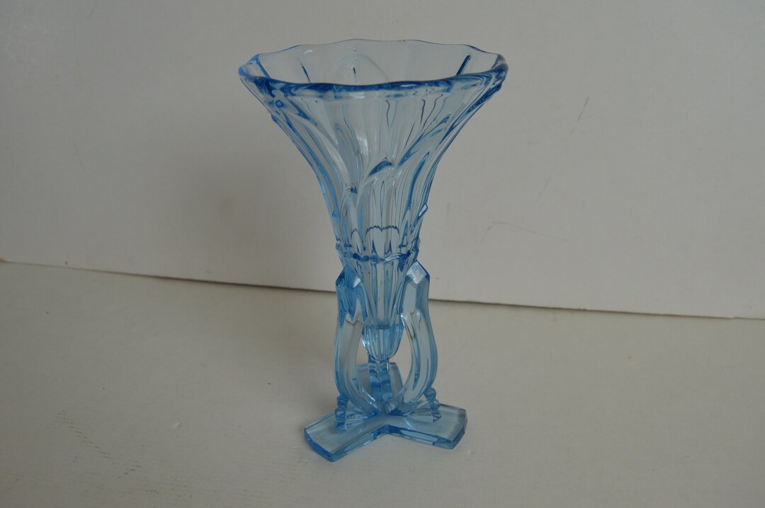 Vintage 30s Art Deco Rocket Vase Czech Glass Vase Czech Uranium Blue Polished Rocket Glass Vase